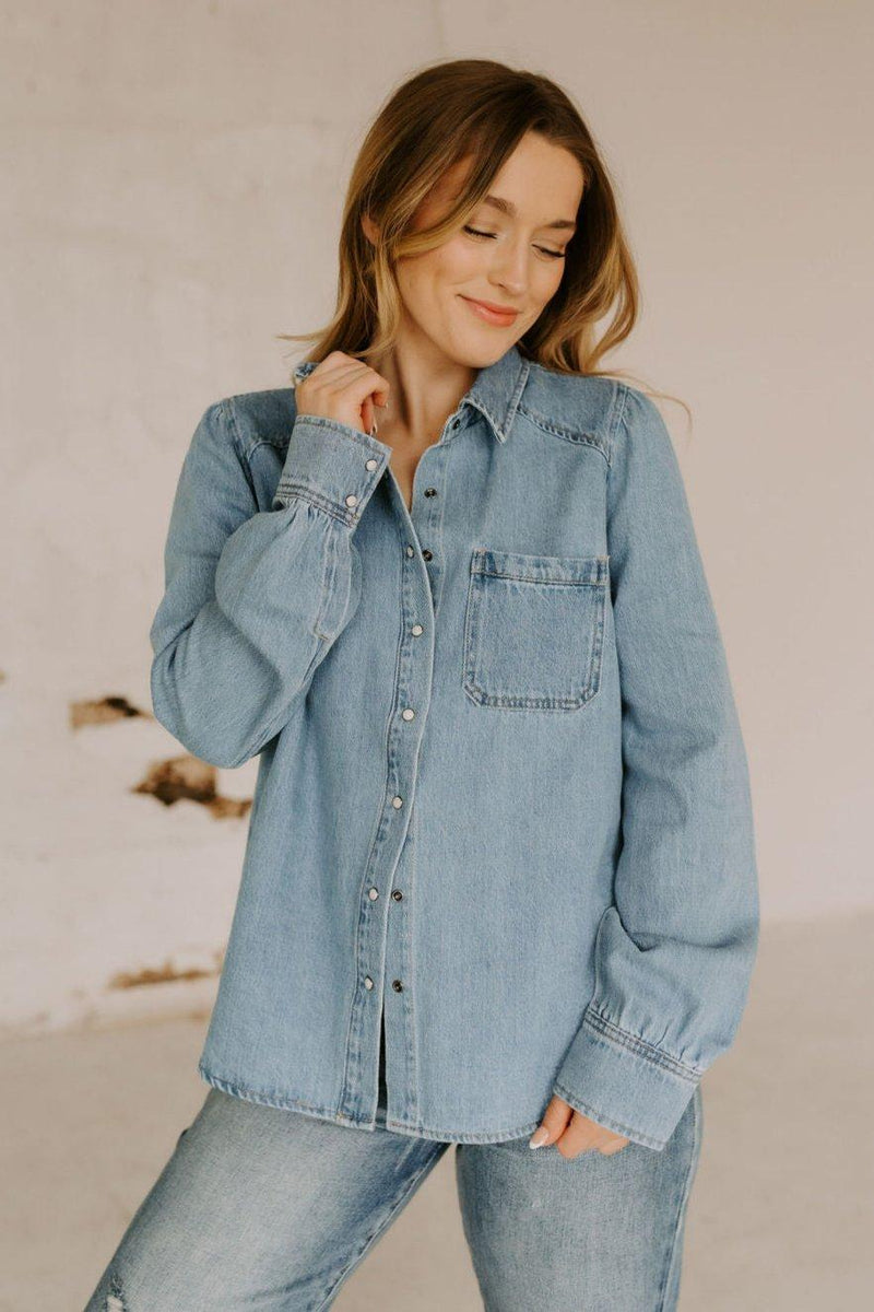 The Bria Denim Top in Medium Wash – The Good Babes Co. LLC